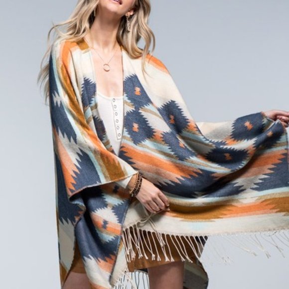 Shop_Fig | Sweaters | New Aztec Western Fringe Poncho Blanket Cardigan ...